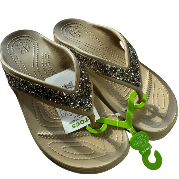 CROCS | Shoes | Crocs Sloane Glitter Flip Flop Sandals Wedge Beige ...